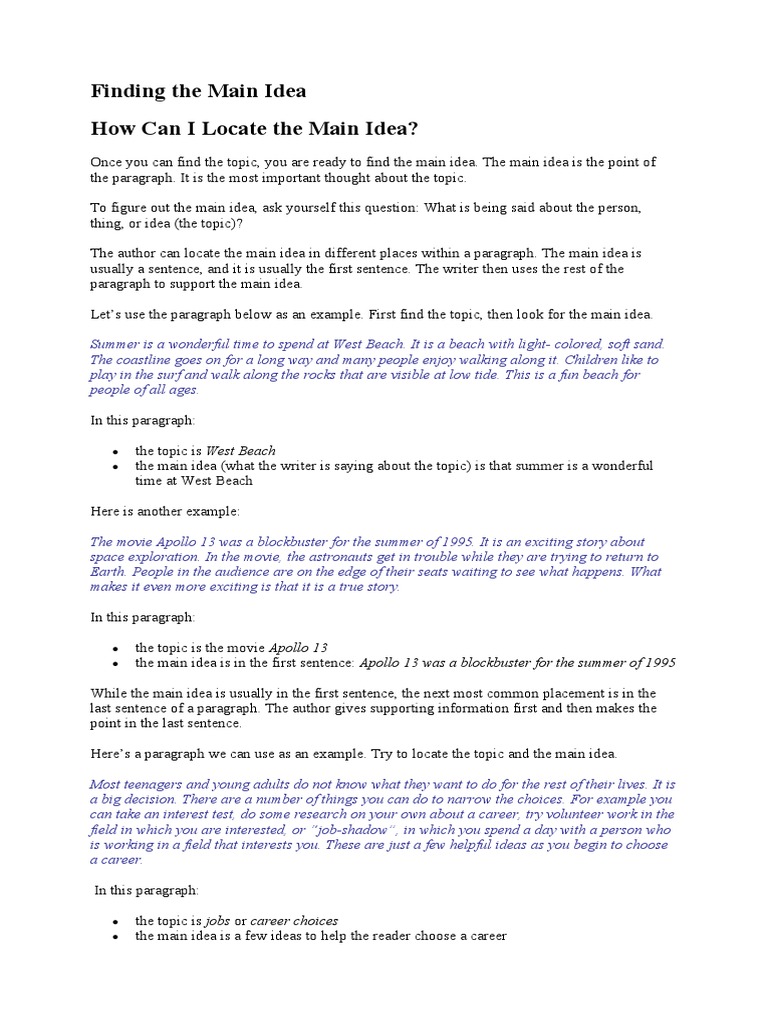 Finding The Main Idea | PDF | Beach | Paragraph