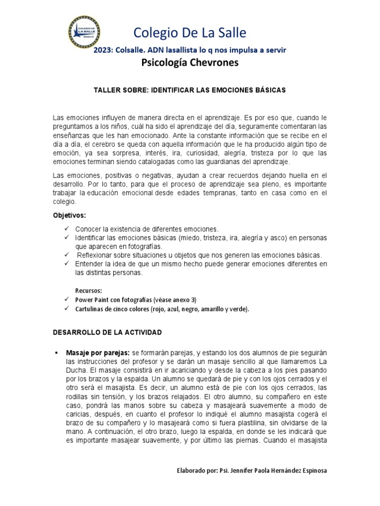 Taller Sobre Identificar Las Emociones Básicas Pdf Las Emociones