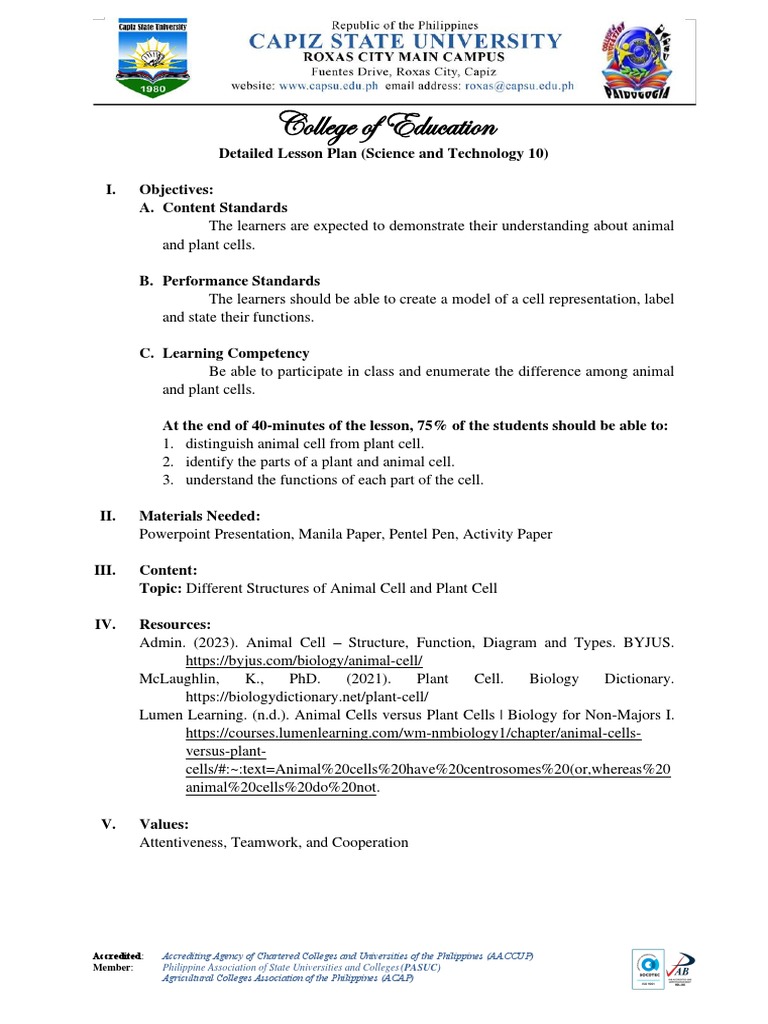 Detailed Lesson Plan: Cells for Grade 10 | PDF | Cell (Biology) | Organelle