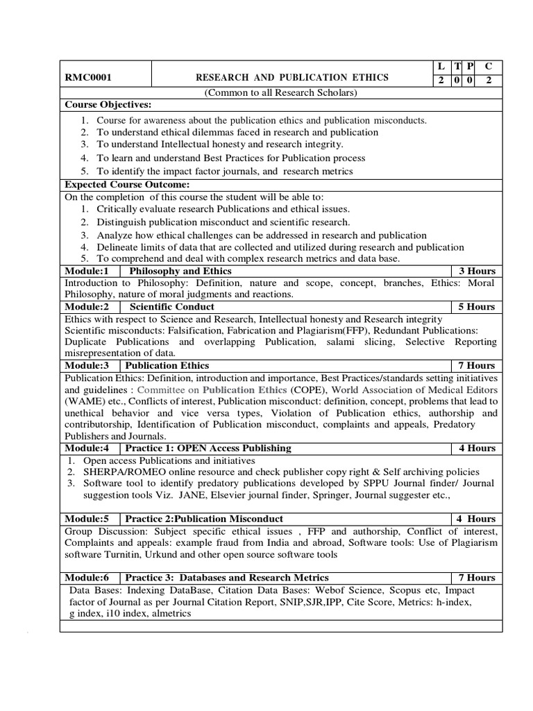 Syllabus - RMC0001 - Research Publications & Ethics | PDF