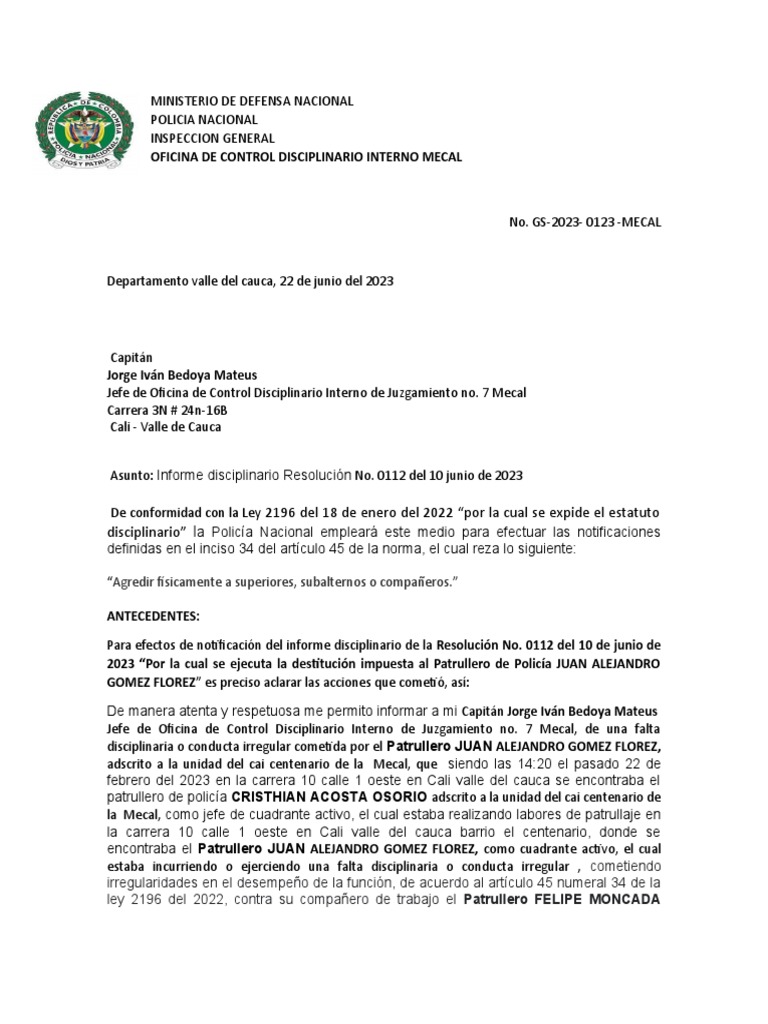 Informe Disciplinario Cristhian Acosta | PDF | Justicia | Crimen y ...
