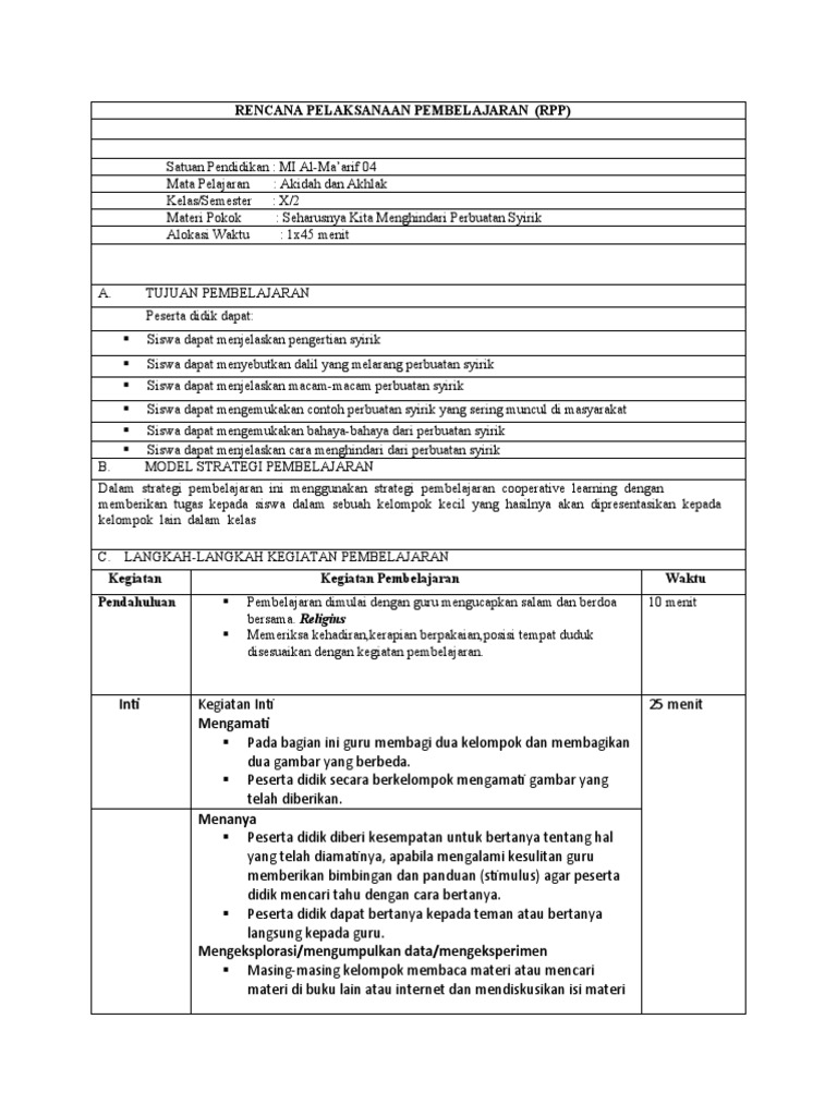 RPP Akidah Akhlak Rahma Nur Fitria-1 | PDF