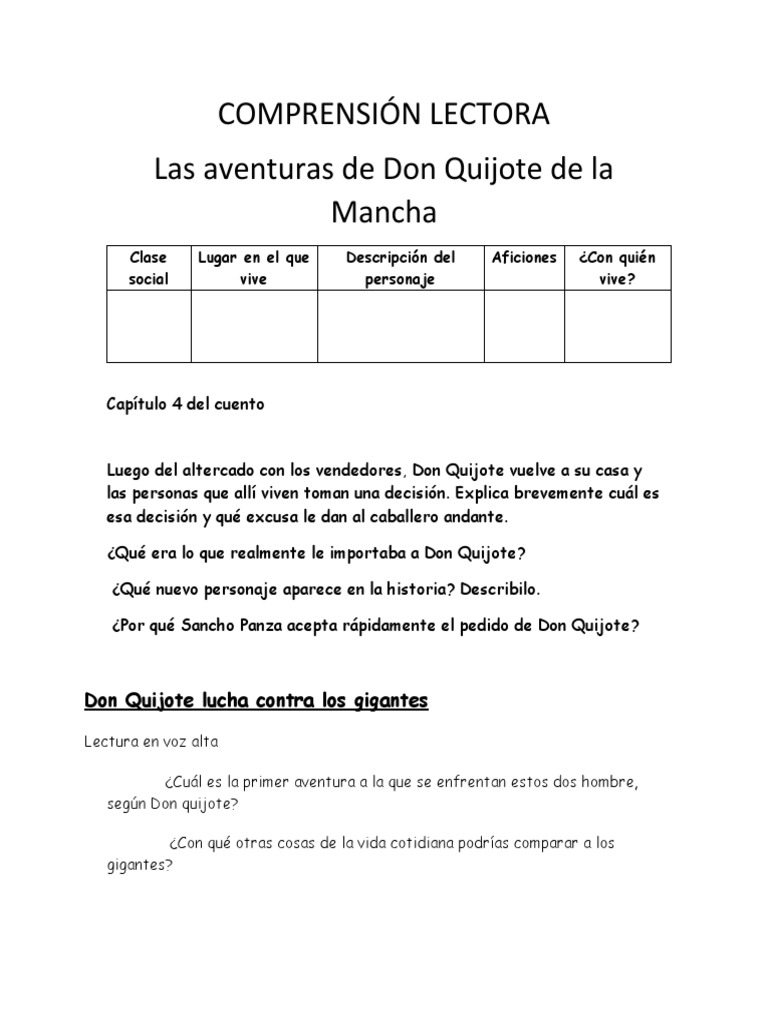Comprensión Lectora Don Quijote | PDF