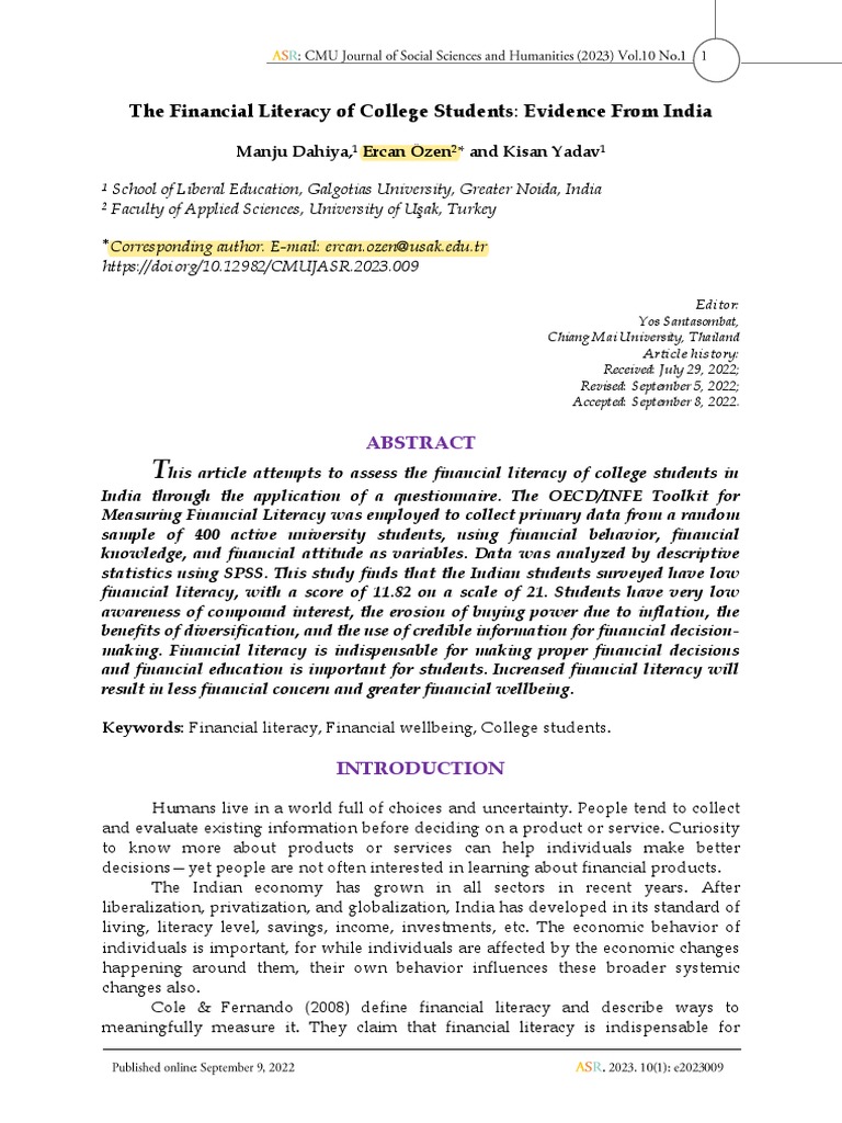 Research Article On Financial Literacy Among College Students | PDF ...