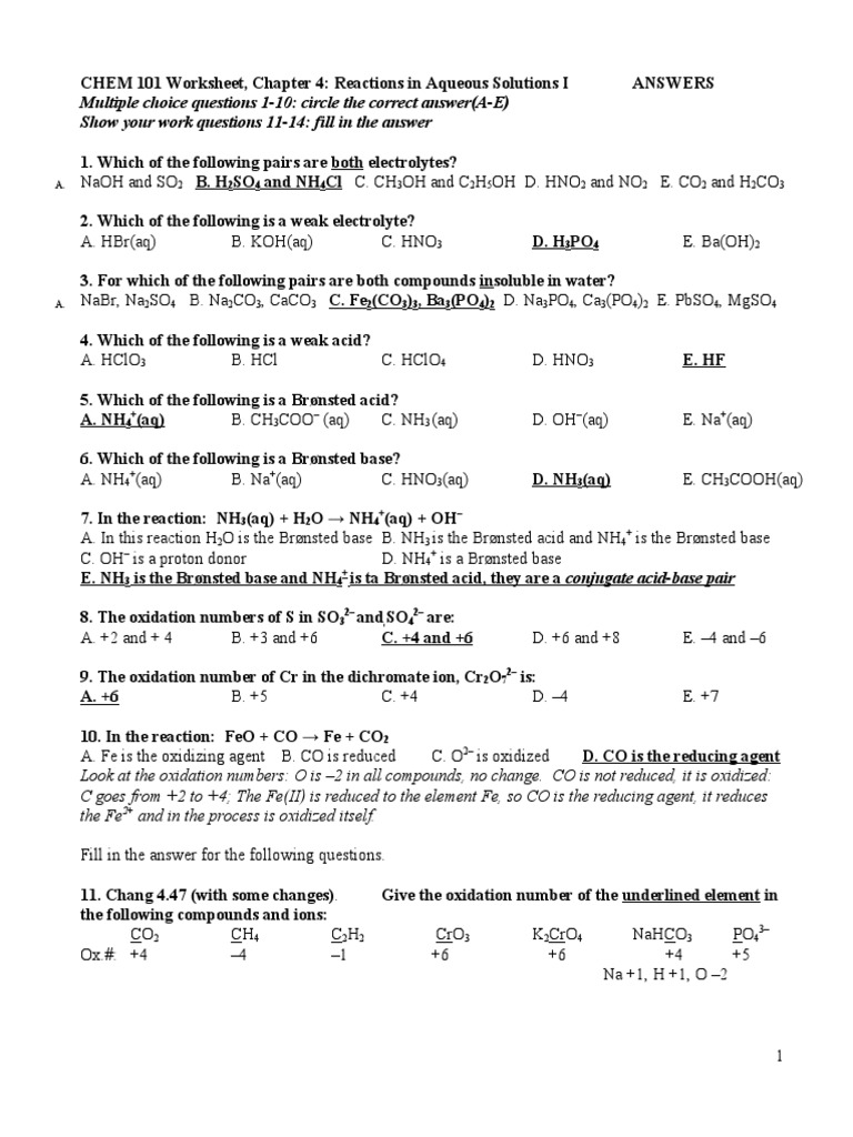 Worksheet Chapter 4.I ANSWERS | PDF | Acid | Chemical Reactions