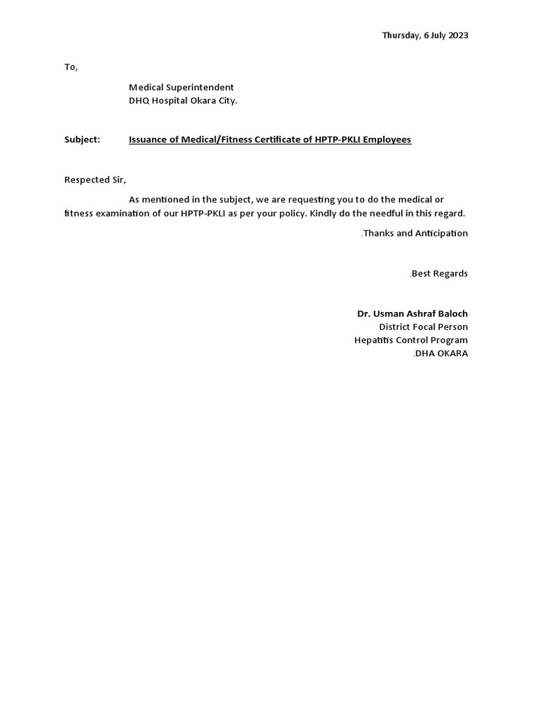 Medical Certificate Request for HPTP-PKLI | PDF
