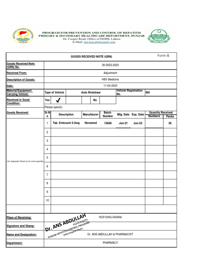 Goods Received Note Template for Pharmacy | PDF