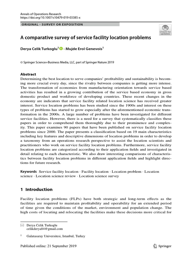 Celikturkoglu 2019 A Comparative Survey of Service Facility Location Problems | PDF | Economic ...