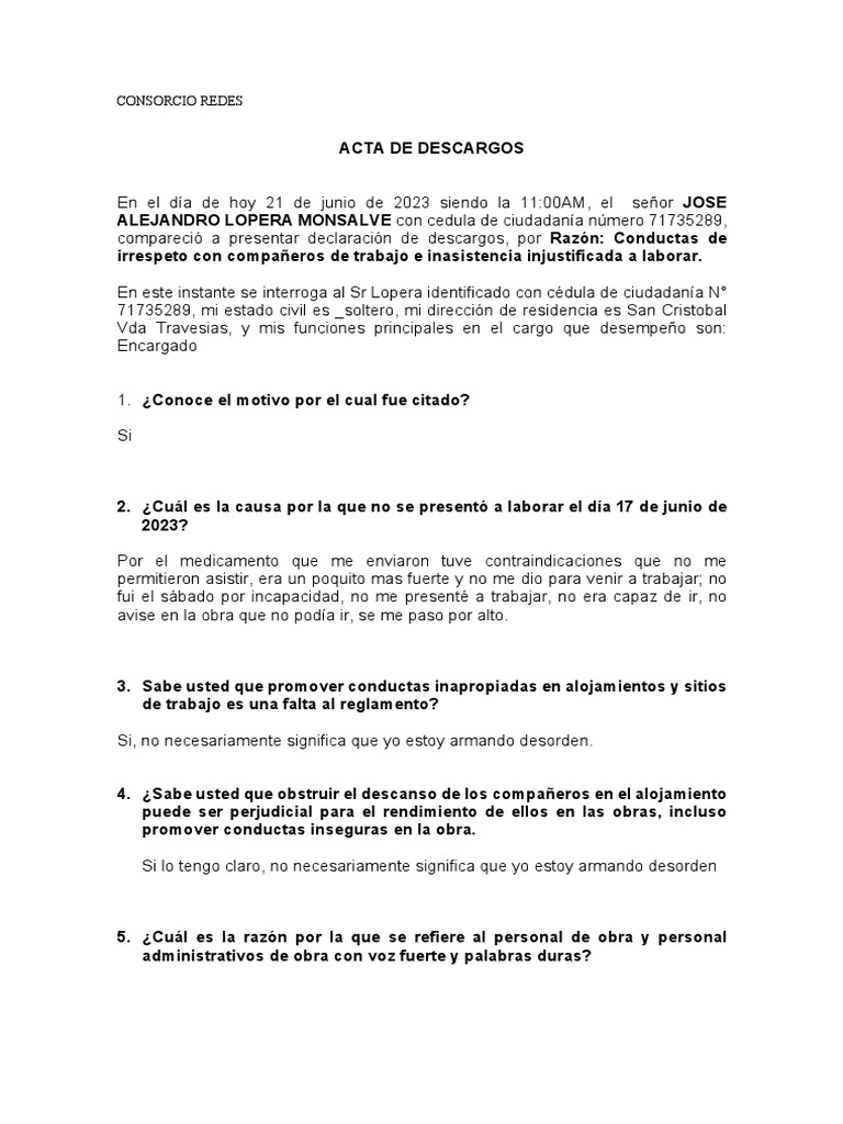 ACTA DE DESCARGOS Alejandro | PDF