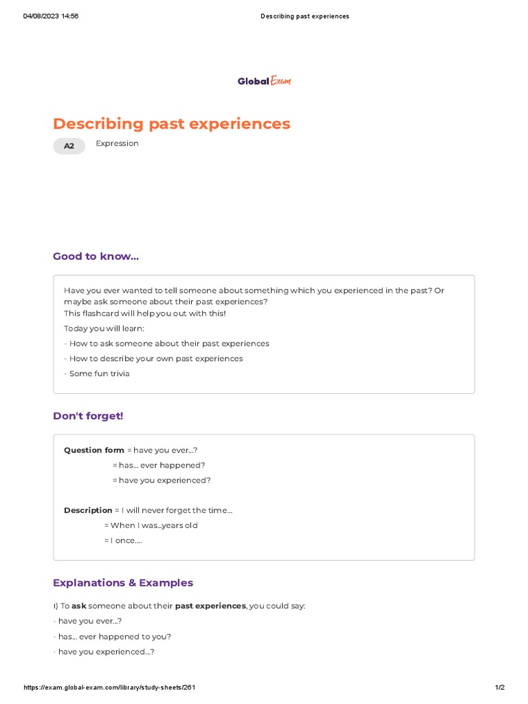Describing Past Experiences Effectively | PDF | Career & Growth ...