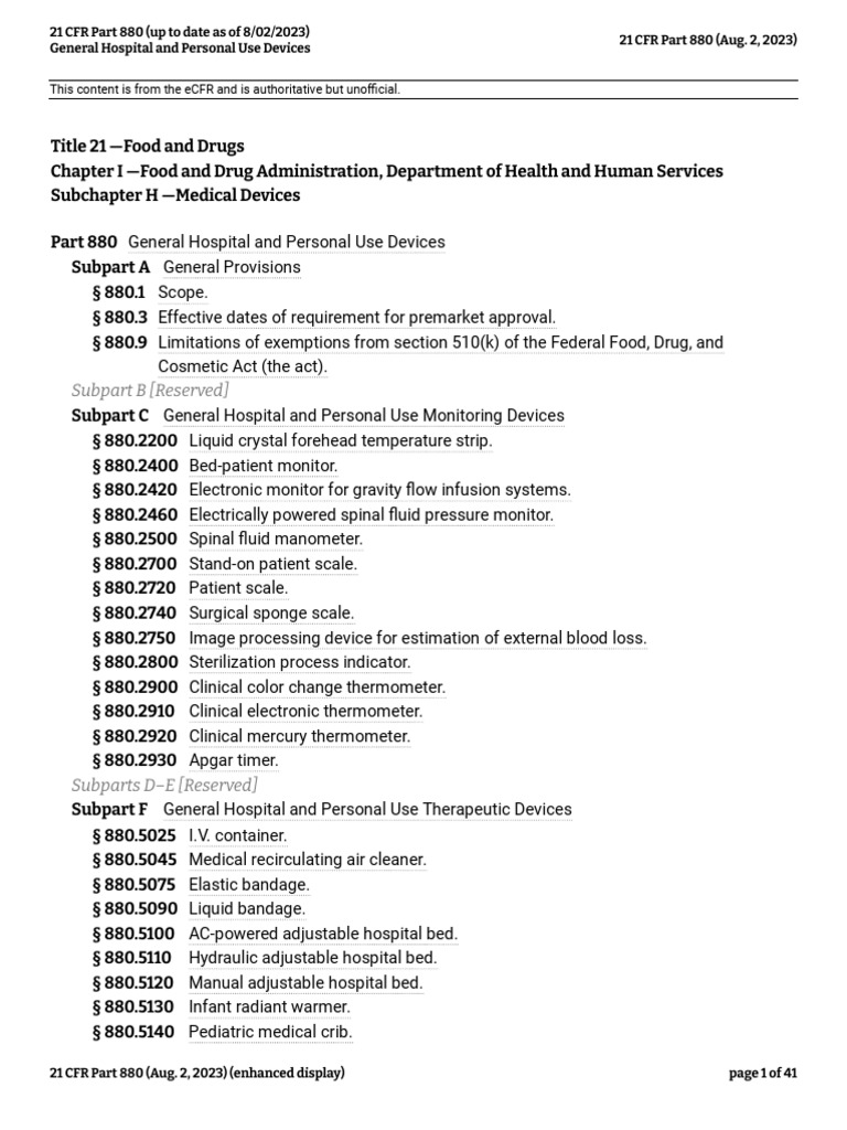 21 CFR Part 880 | Download Free PDF | Federal Food | Medicine