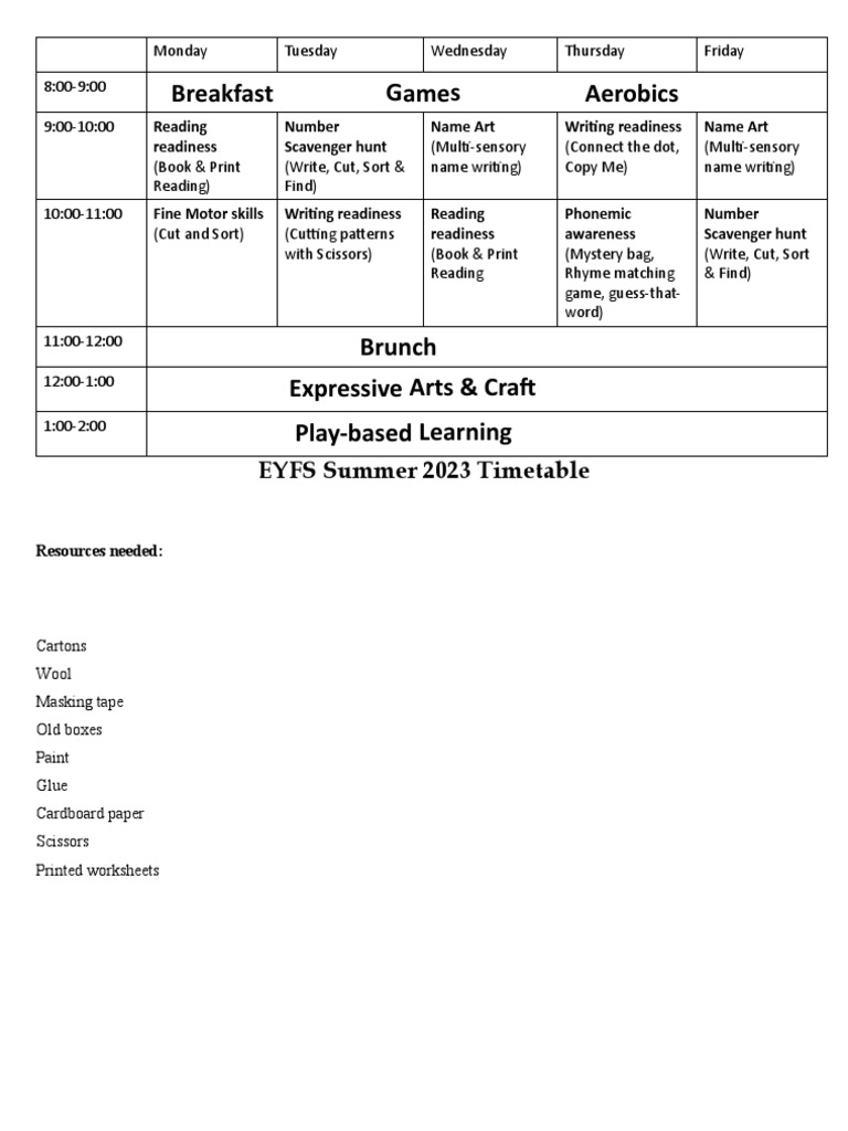 EYFS Summer 2023 Timetable | PDF