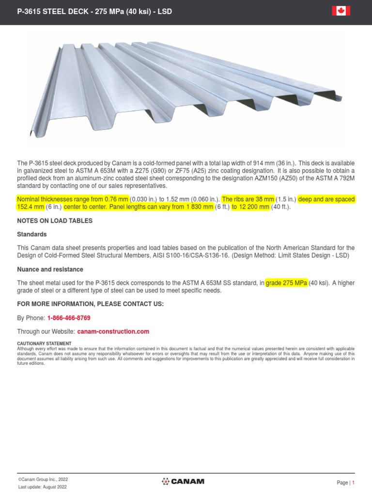 Canam P-3615 Steel Deck Specifications | PDF | Sheet Metal | Materials