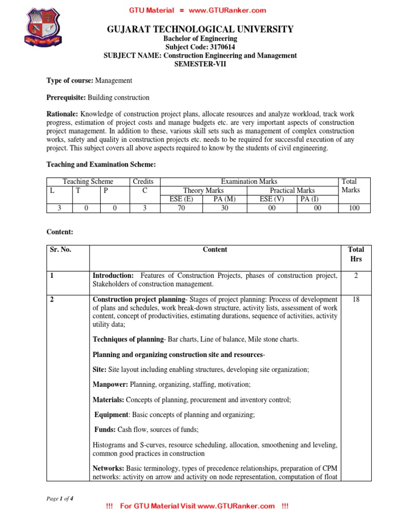 Construction Engineering & Management Syllabus | PDF | Project Management | Occupational Safety ...