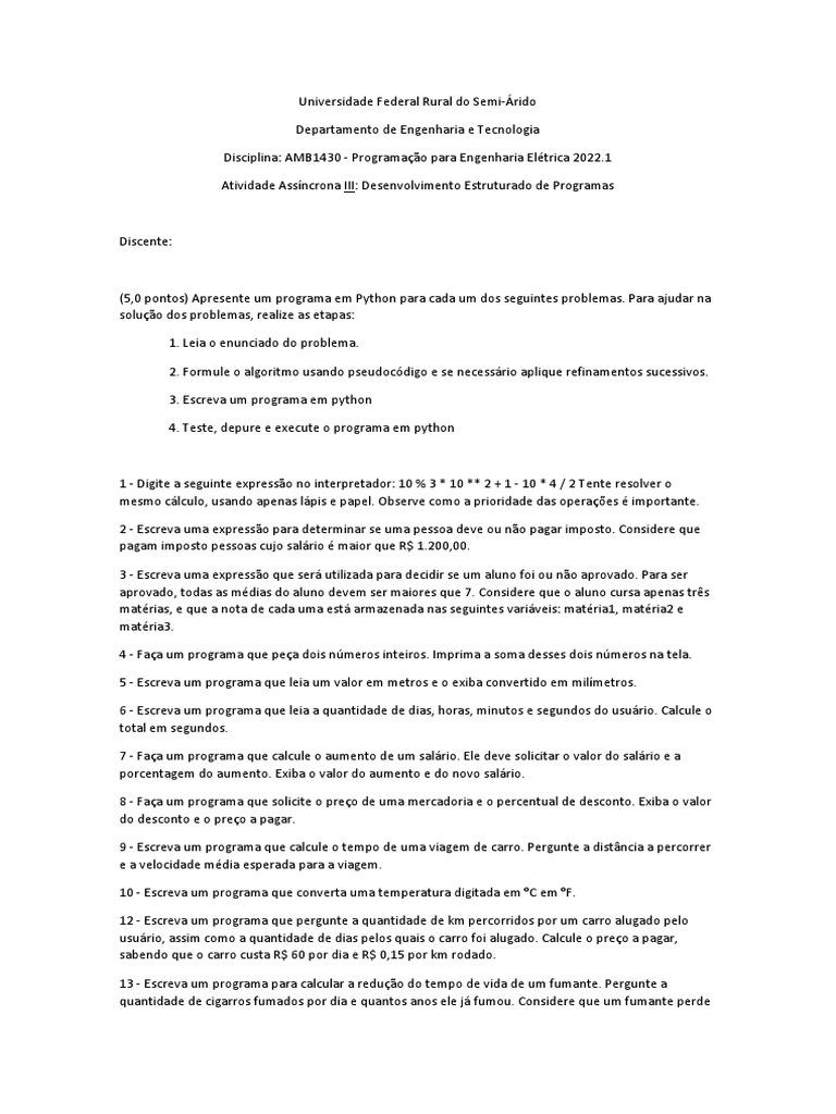 Atividade Assincrona III - Programao Estruturada | PDF | Juros | Raiz ...