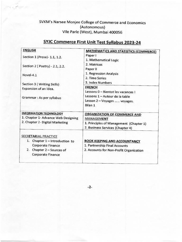 SYJC Commerce First Unit Test Syllabus 2023 24 | PDF