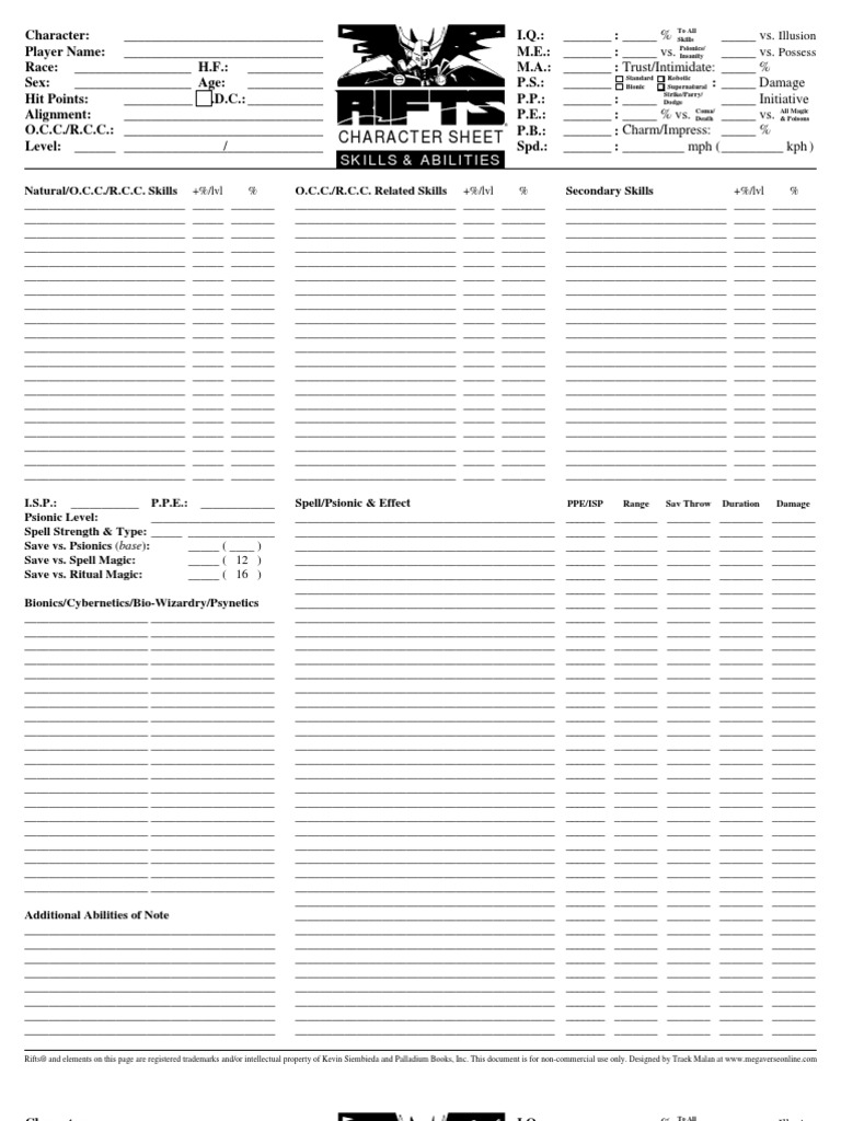 Rifts Character Sheet Fillable | PDF | Role Playing Games | Leisure