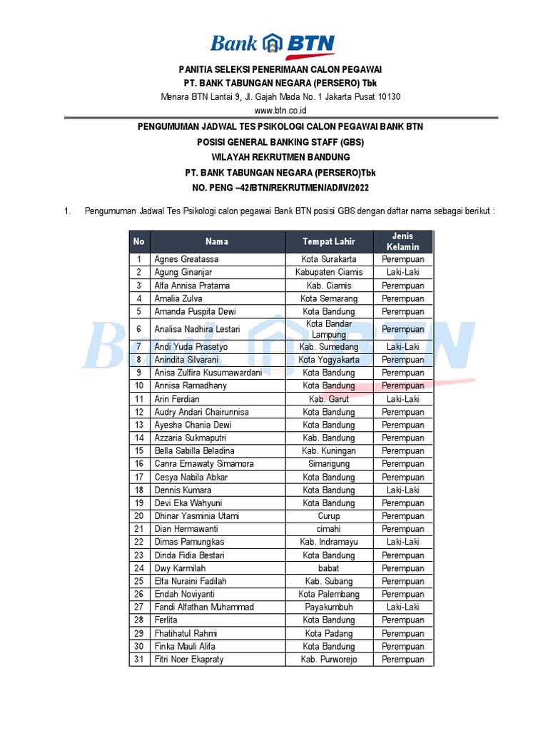 Jadwal Tes Psikologi GBS Bank BTN | PDF