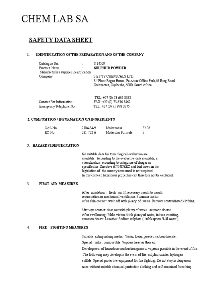 Sulphur Powder Safety Data Sheet | PDF | Water | Personal Protective ...