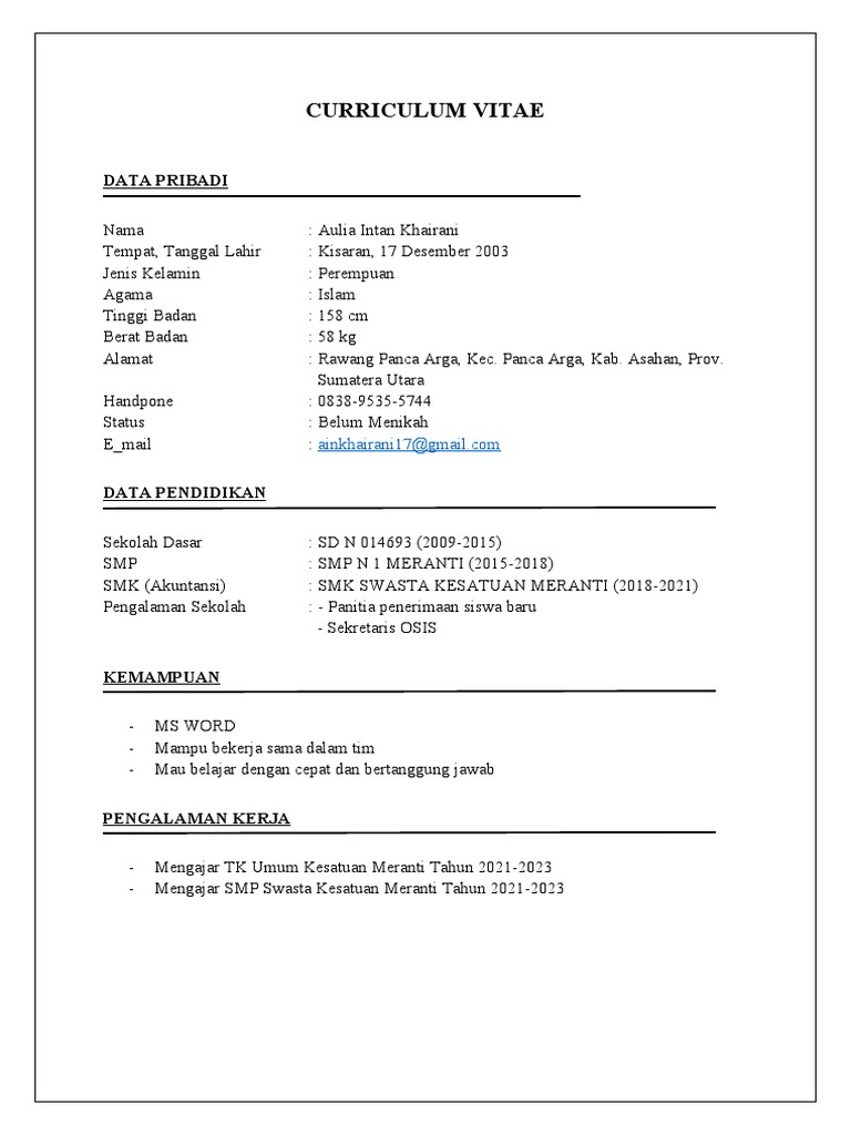 CV Aulia Intan Khairani | PDF