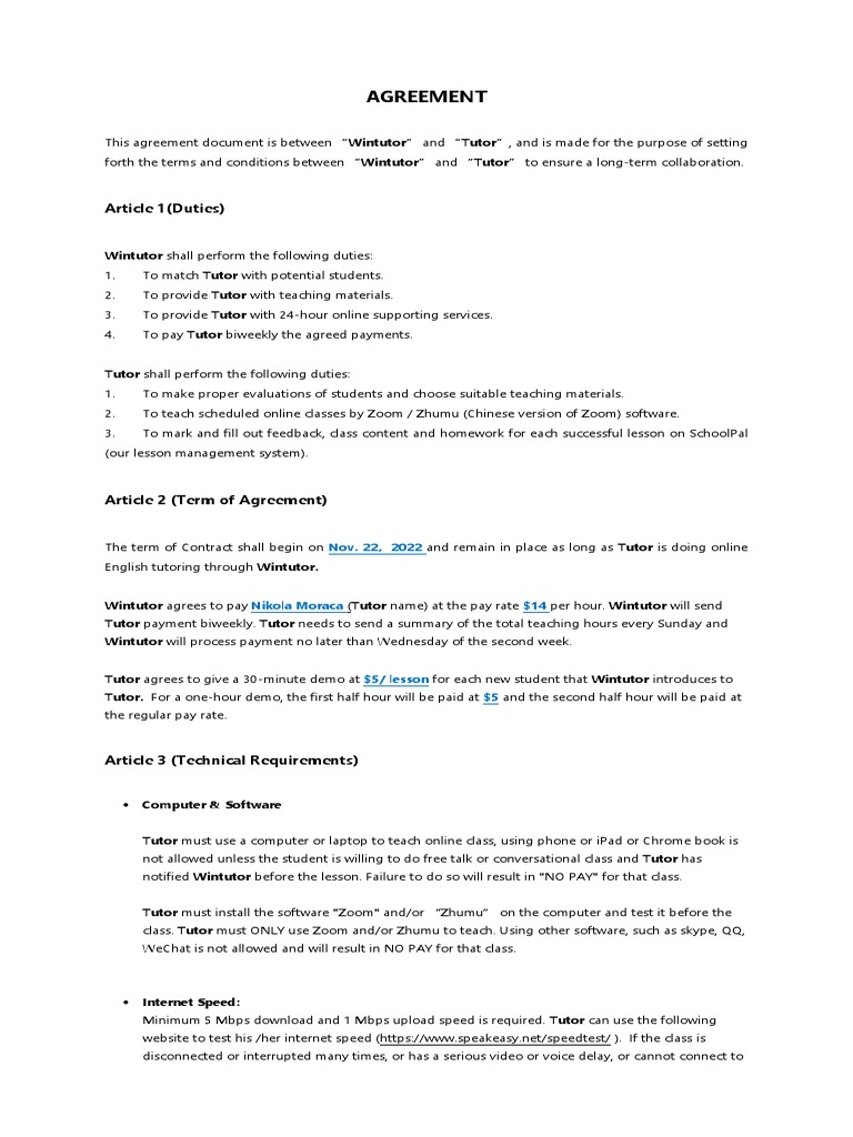 Wintutor Tutor Agreement-Nikola Moraca-1Signed | PDF | Computing