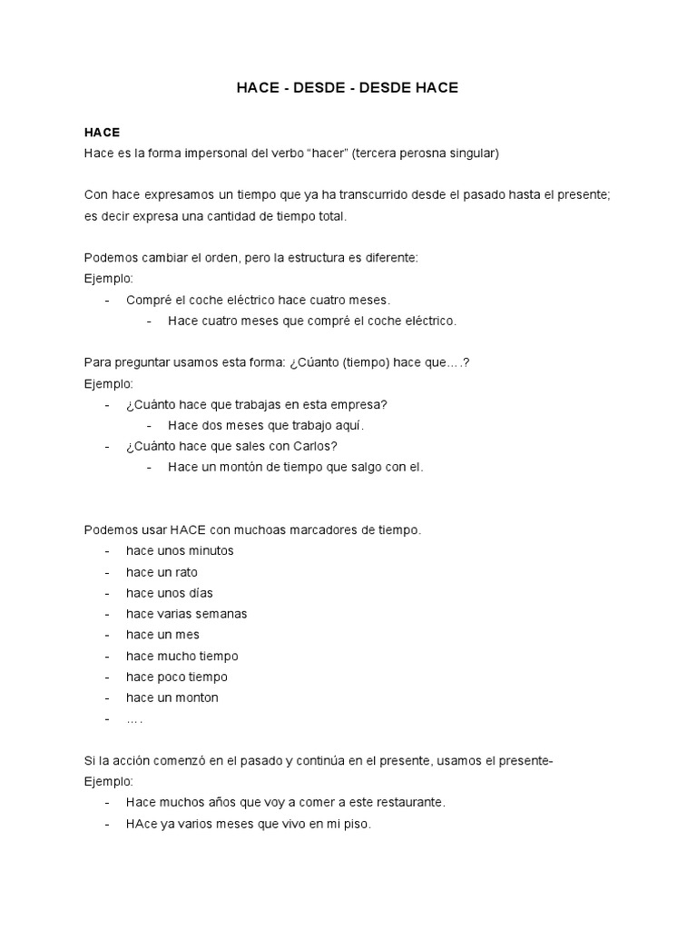 Uso de "Hace", "Desde" y "Desde Hace" | PDF