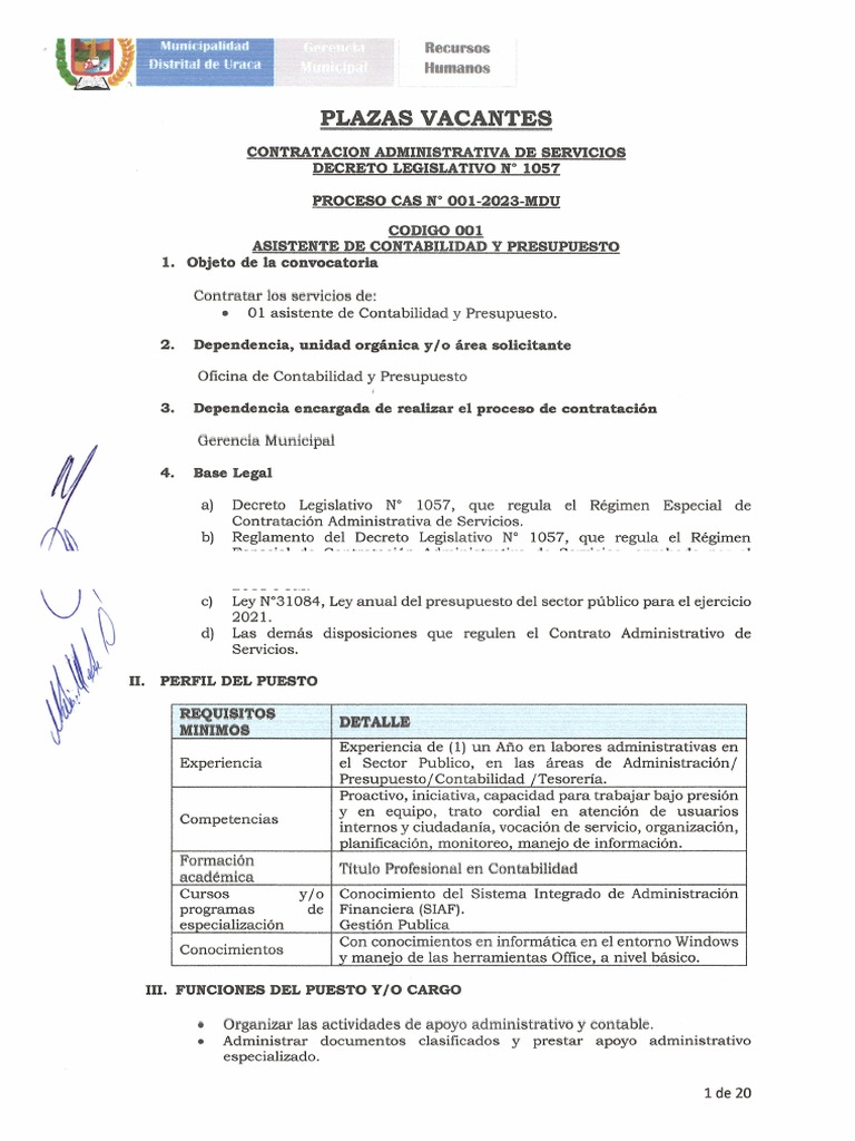 Plazas Proceso CAS 001-2023-MDU PDF | PDF