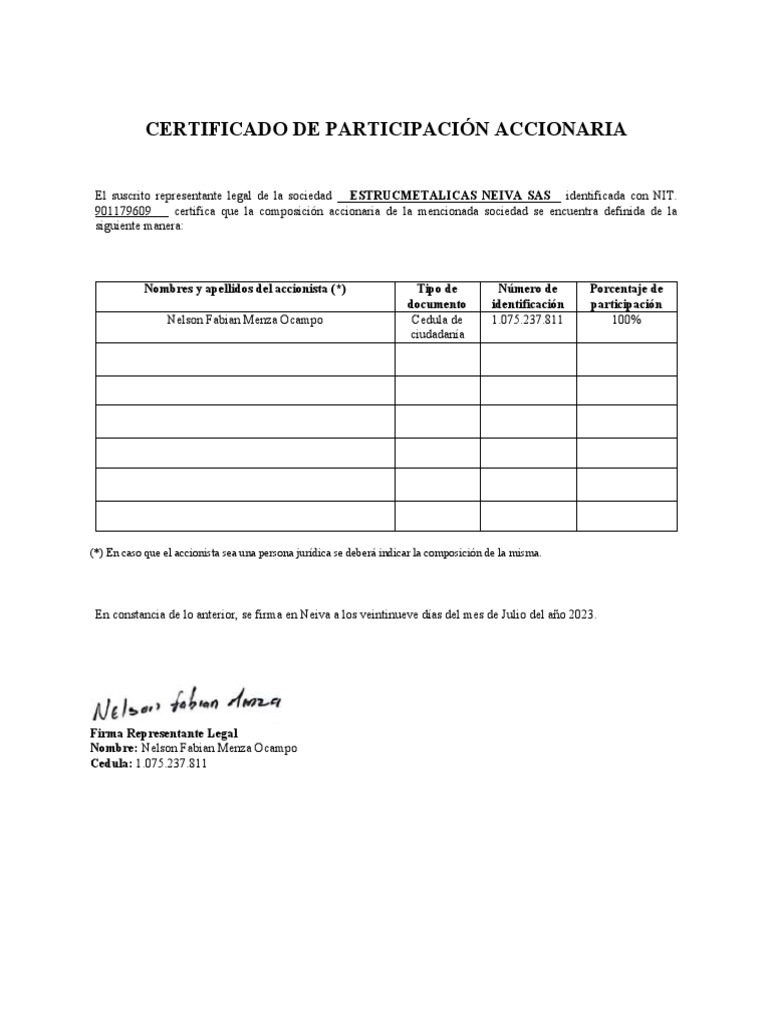 Certificado Participacion Accionaria | PDF