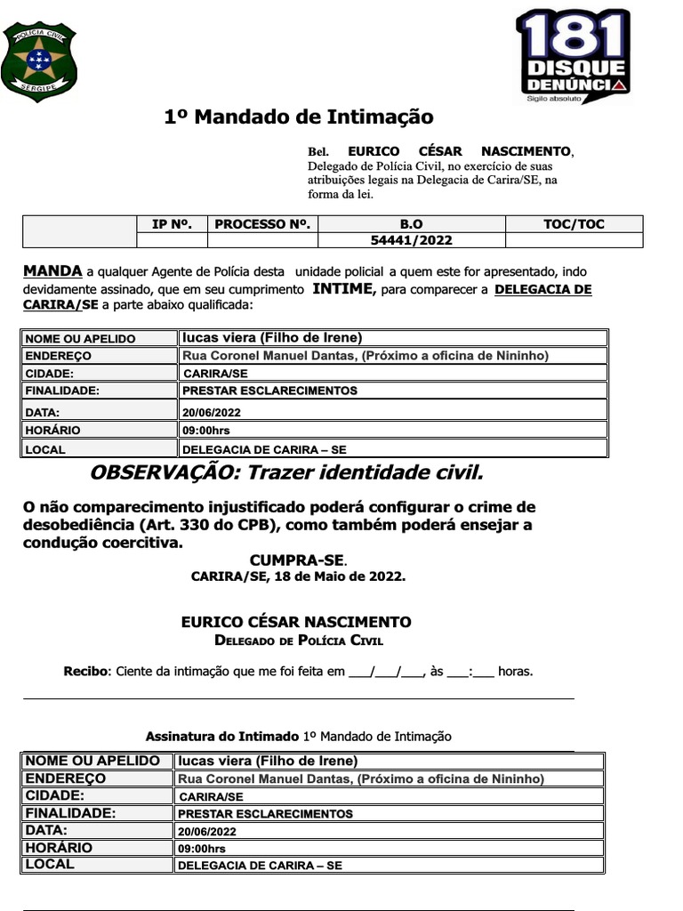 Mandado de Intimação para Esclarecimentos | PDF