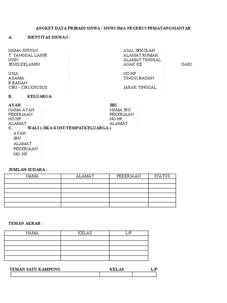 Angket Data Pribadi Siswa | PDF