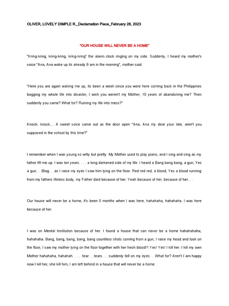 Declamation Piece - Our House Will Never Be A Home | PDF
