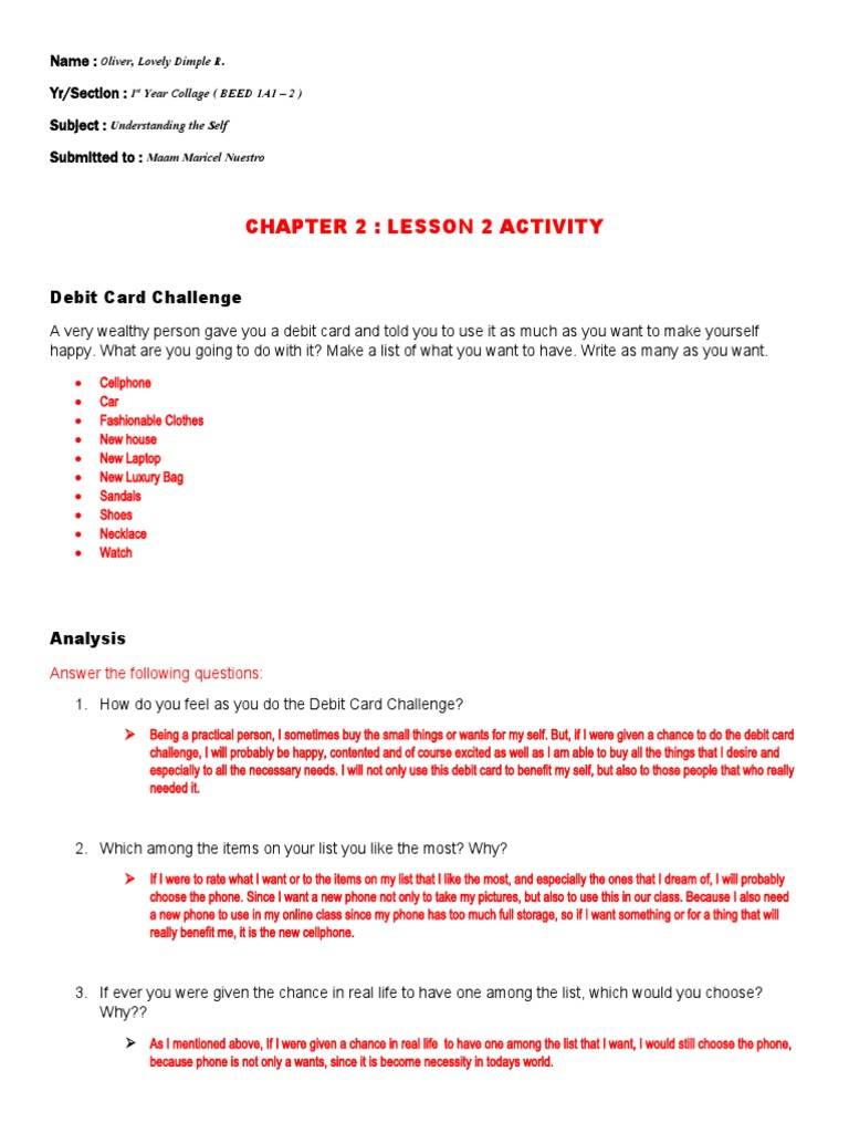 Chapter 2 - (Lesson 2 & 3 - Activity) | PDF | Meaning Of Life | Knowledge