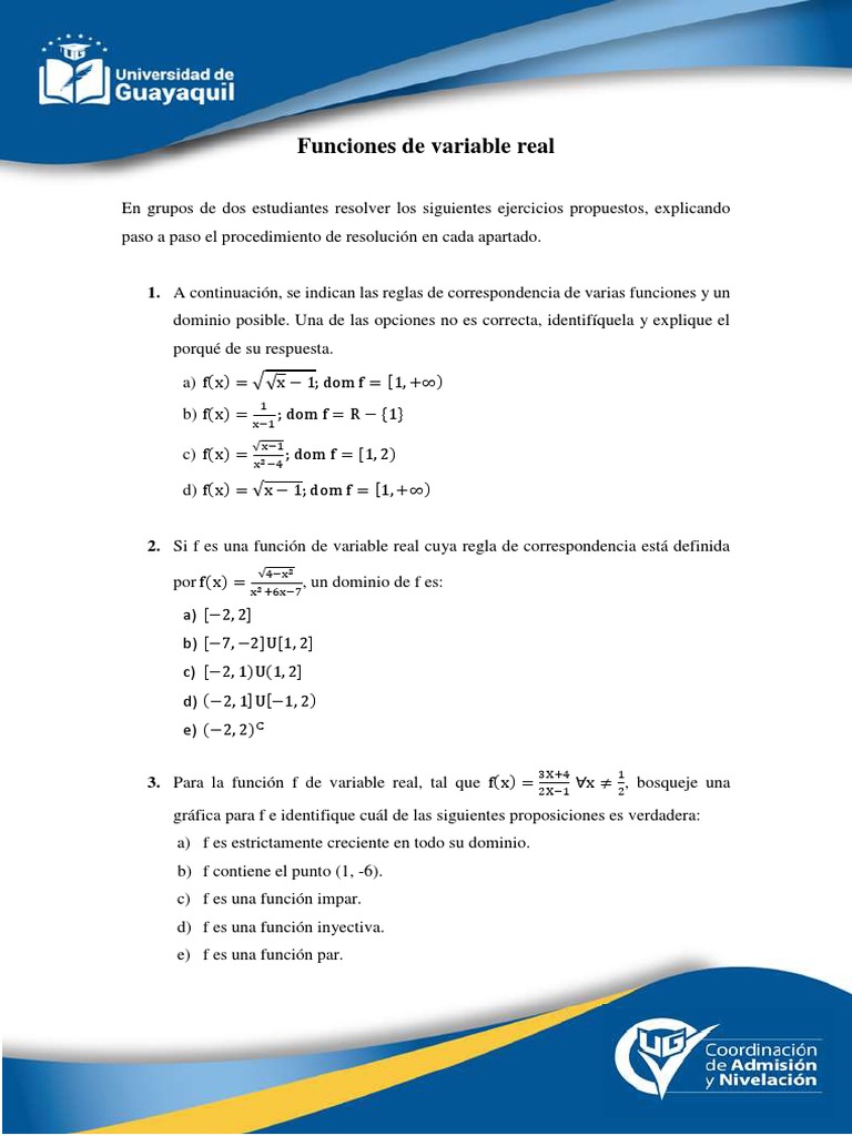 Ejercicios - Funciones de Variable Real | PDF | Función (Matemáticas) | Matemática Elemental