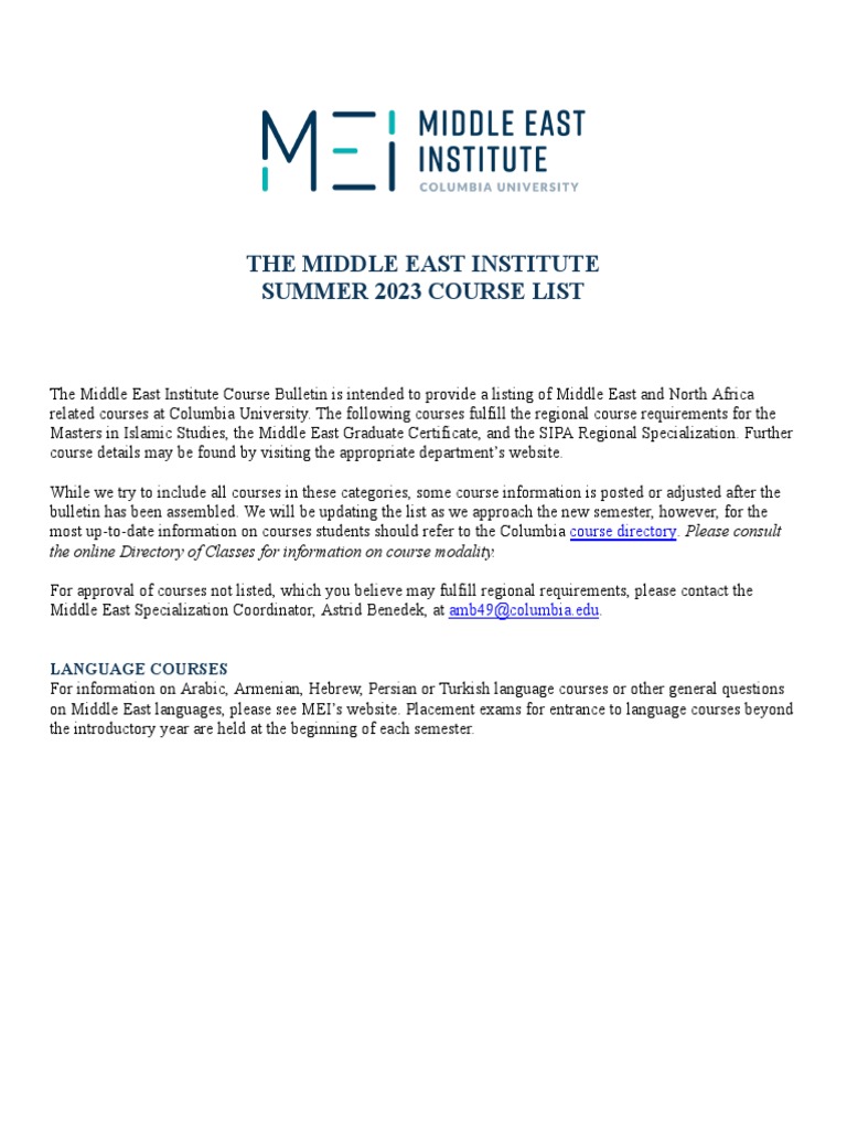 Summer 2023 MEI Course List-3 | PDF | Cultural Anthropology | Middle East