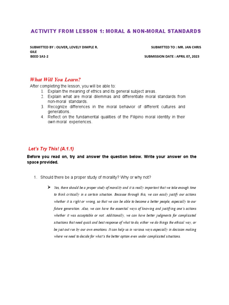 Lesson 1 Activity (Moral & Non-Moral Standards) | PDF | Morality | Decision Making