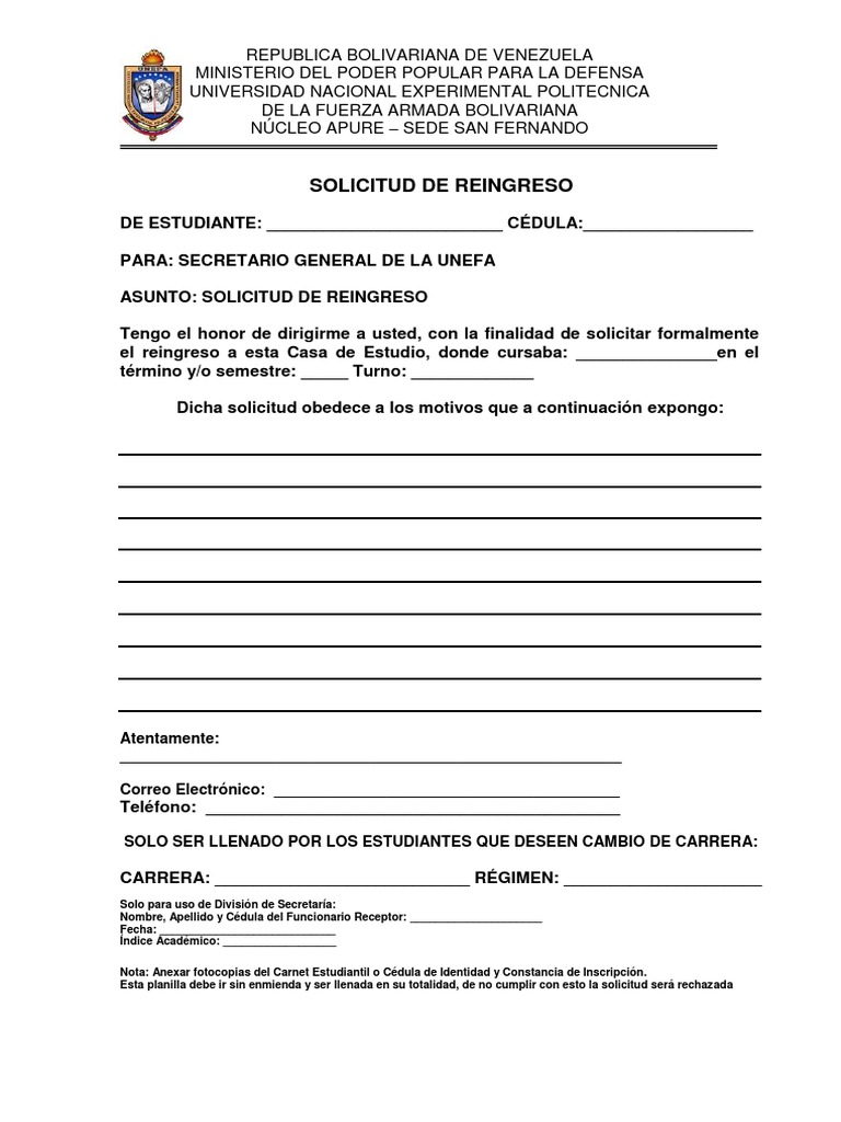 Formato de Solicitud de Reingreso | PDF