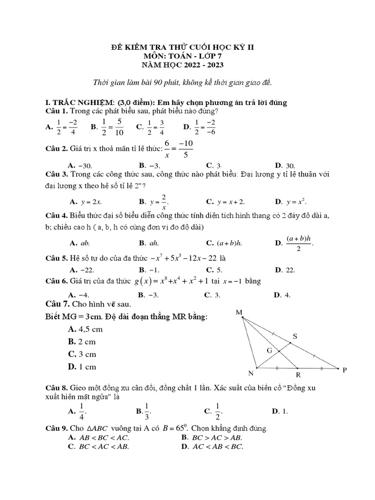 Đề thi thử cuối kì II Toán 7 KNTT | PDF