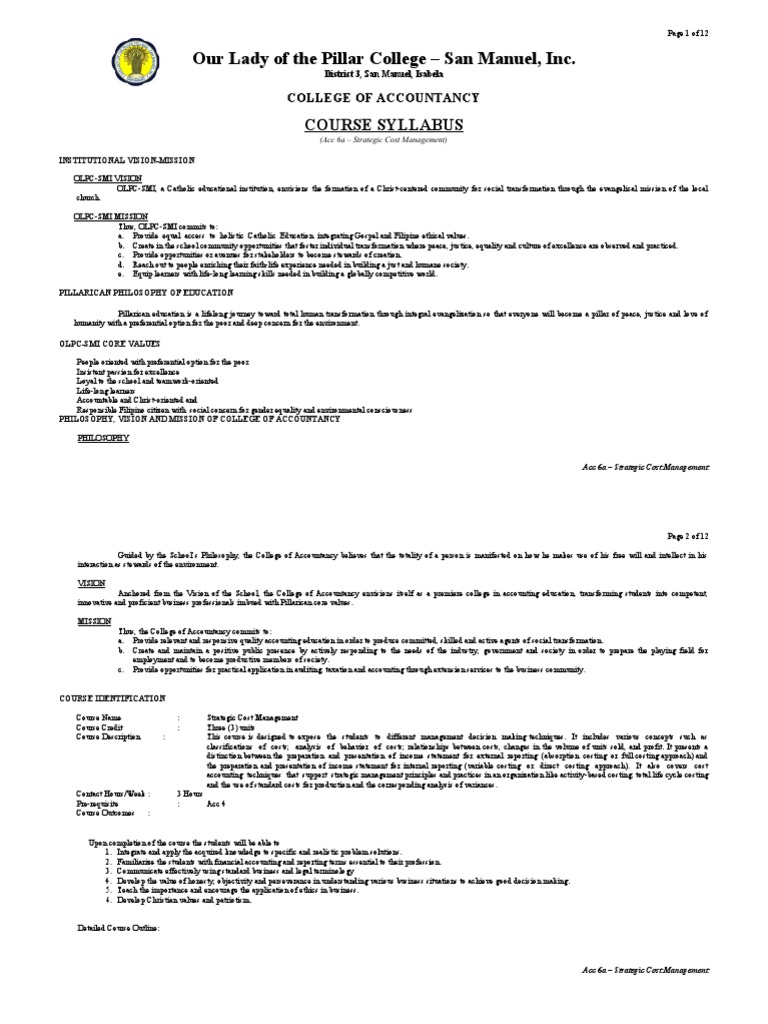 Strategic Cost Management Course Syllabus | PDF | Financial Economics ...