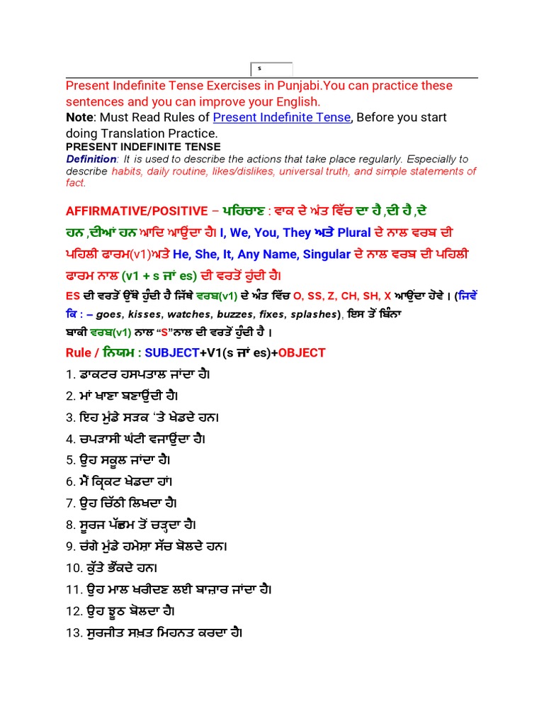 Present Indefinite Tense Exercises in Punjabi | PDF