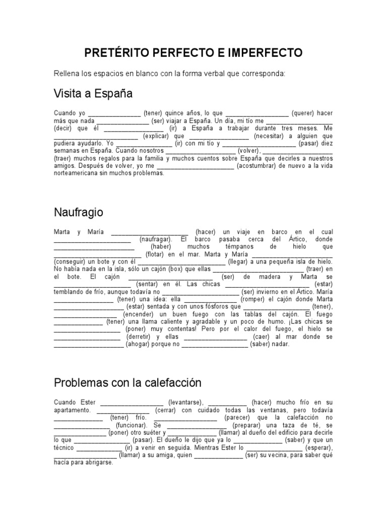 EJERCICIOS PRETÉRITO PERFECTO E IMPERFECTO | PDF | Auxiliar de vuelo ...