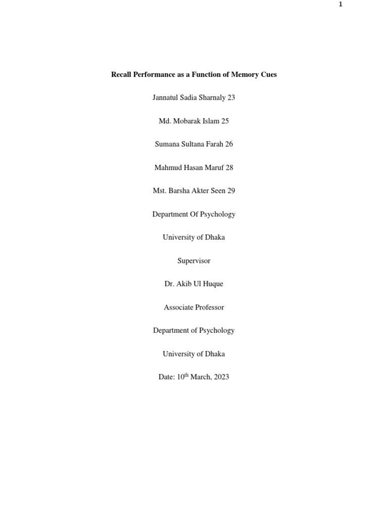 Recall Performance As A Function of Memory Cues | PDF