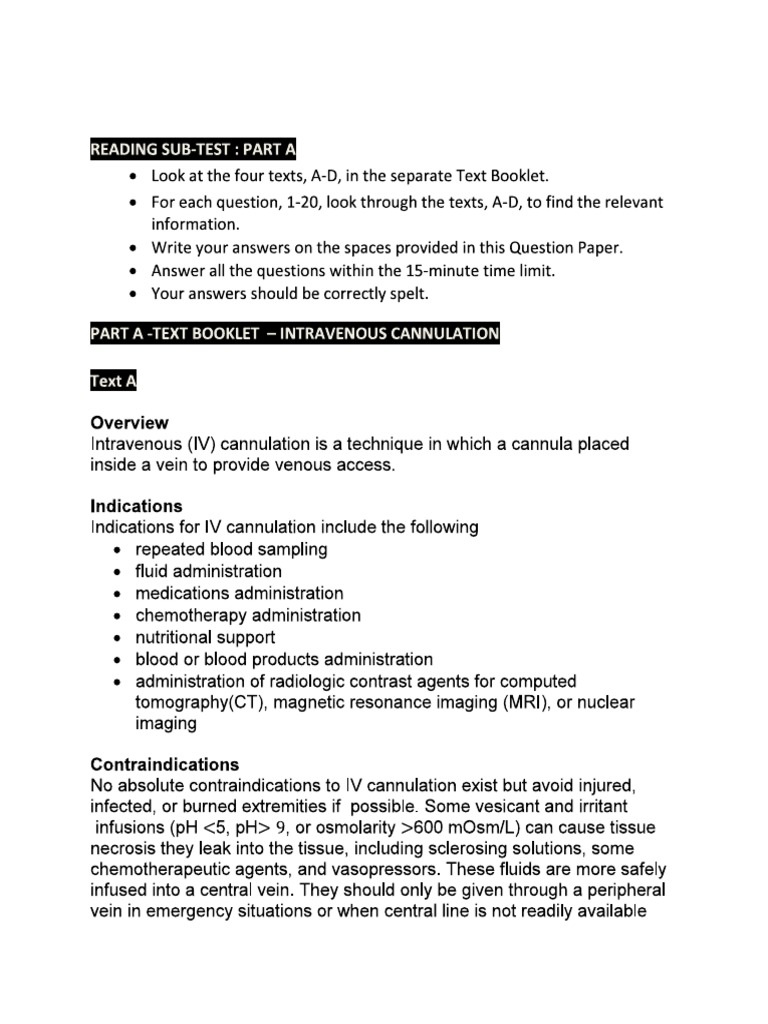 OET Reading Sample PDF IV Catheter Questions | PDF