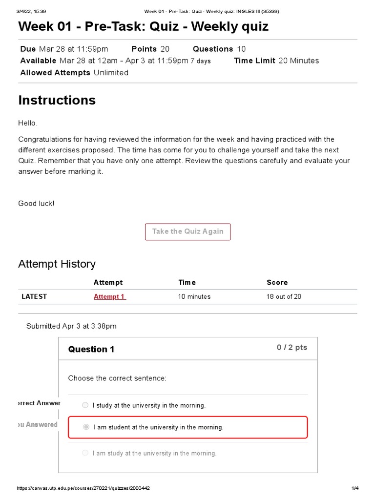 Weekly English Quiz: INGLES III | PDF