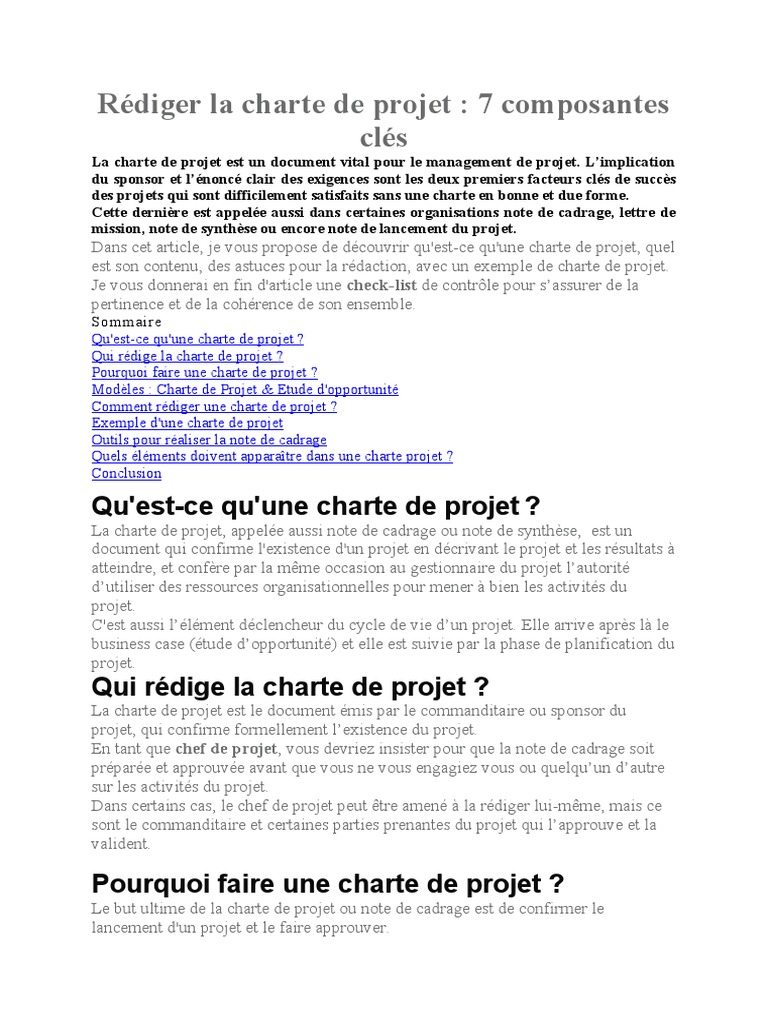 Rédaction de la charte de projet essentielle | PDF | Risque | Gestion ...