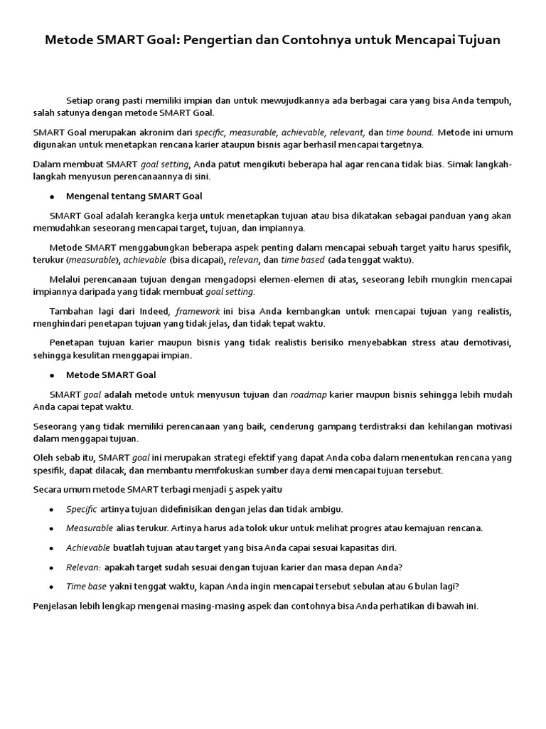 Contoh Penerapan Metode SMART Goal | PDF