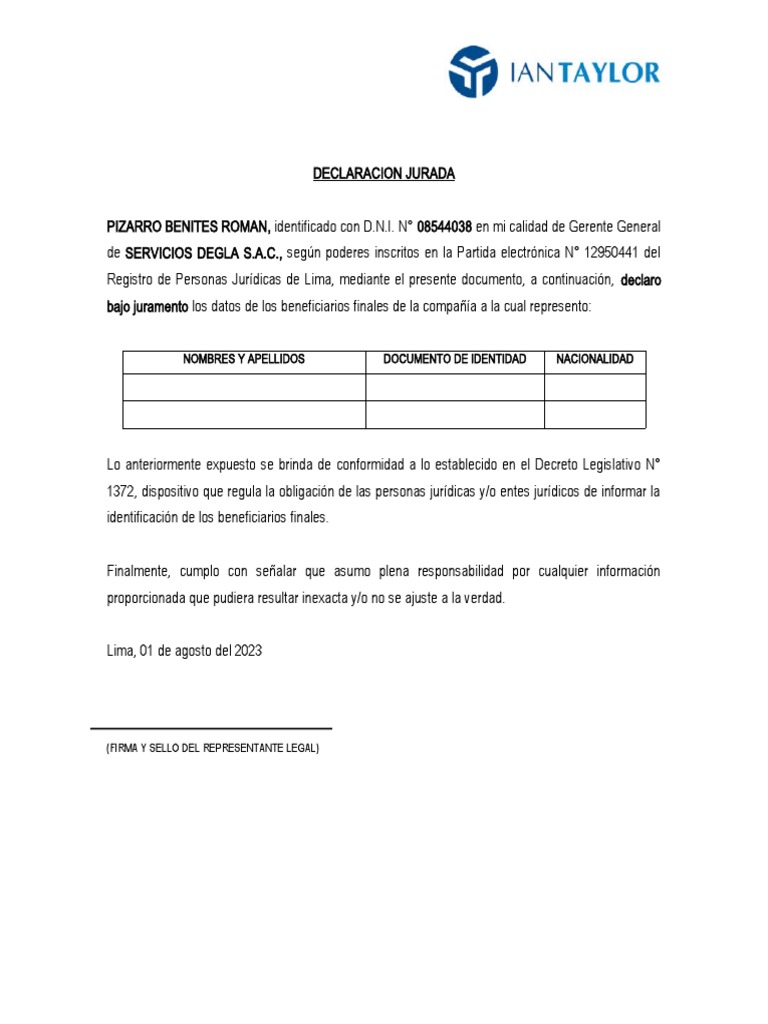 13 DJ - Declaracion de Beneficiario Final | PDF 13 DJ - Declaracion de Beneficiario Final | PDF