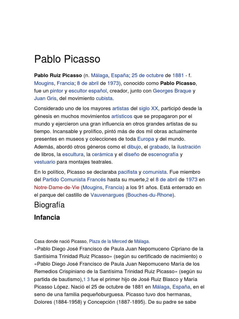 Biografía de Pablo Picasso: Vida y Arte | PDF | Pablo Picasso | Cubismo