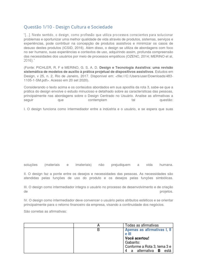 Apol 1 e 2 Design Cultura e Sociedade Todas | PDF | Sociologia | Sociedade