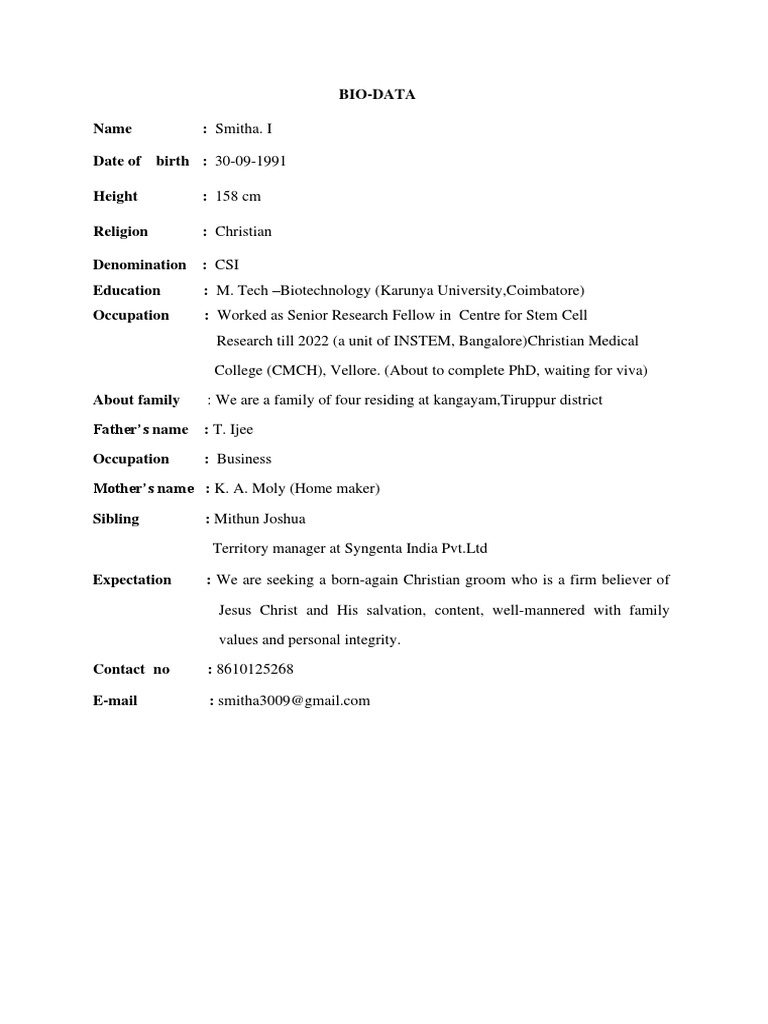Smitha Biodata | PDF
