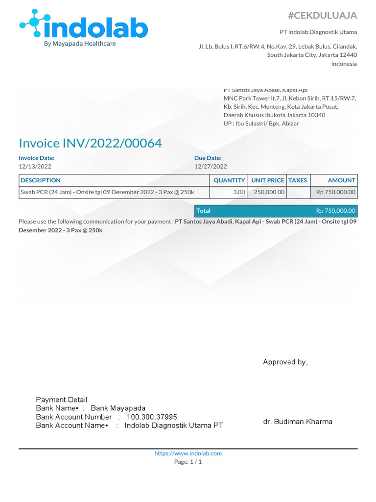 PT Santos Jaya Abadi, Kapal API Group - Onsite TGL 9 Des 22 (3 Pax) - Invoice INV202200064 | PDF
